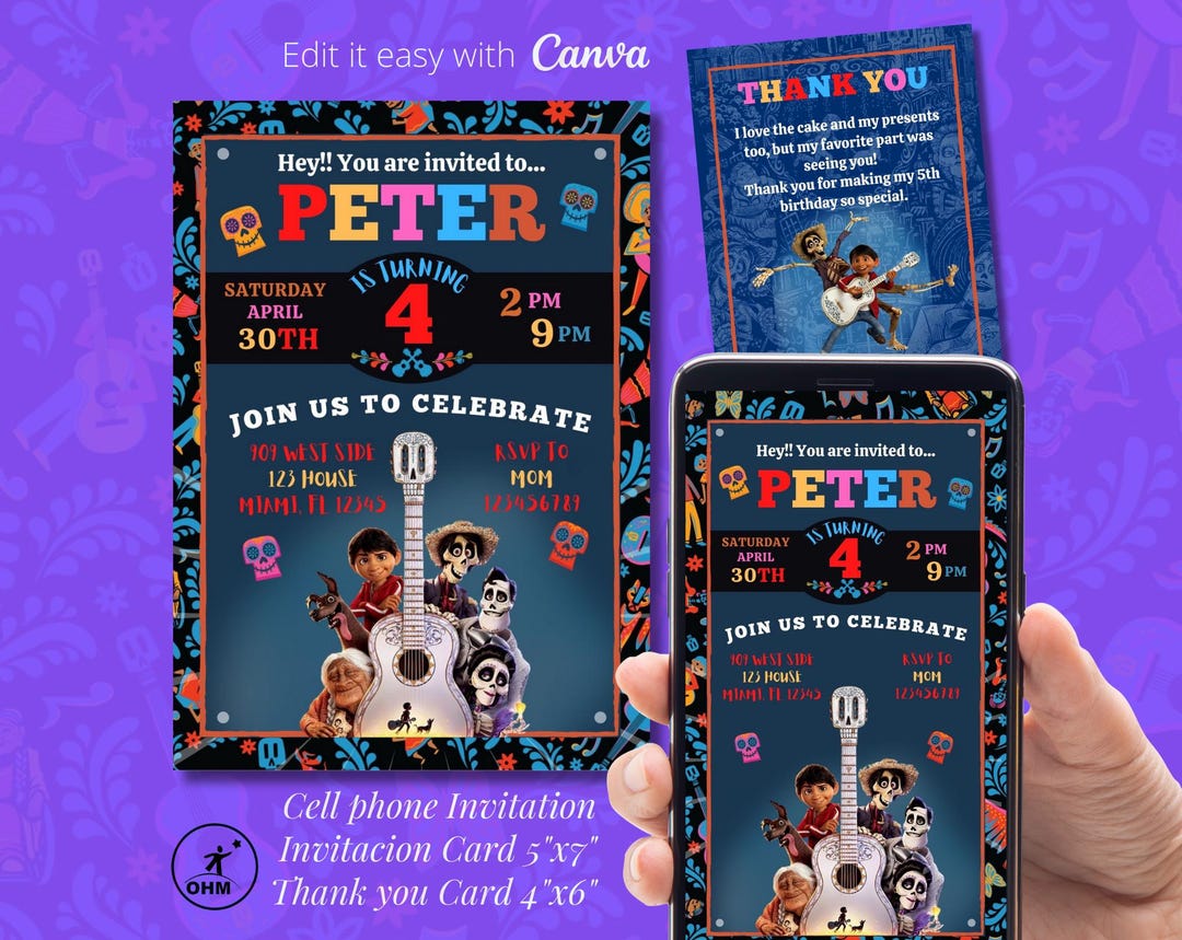 Coco Invitation, Coco Birthday Invitation, Personalized Canva Template ...