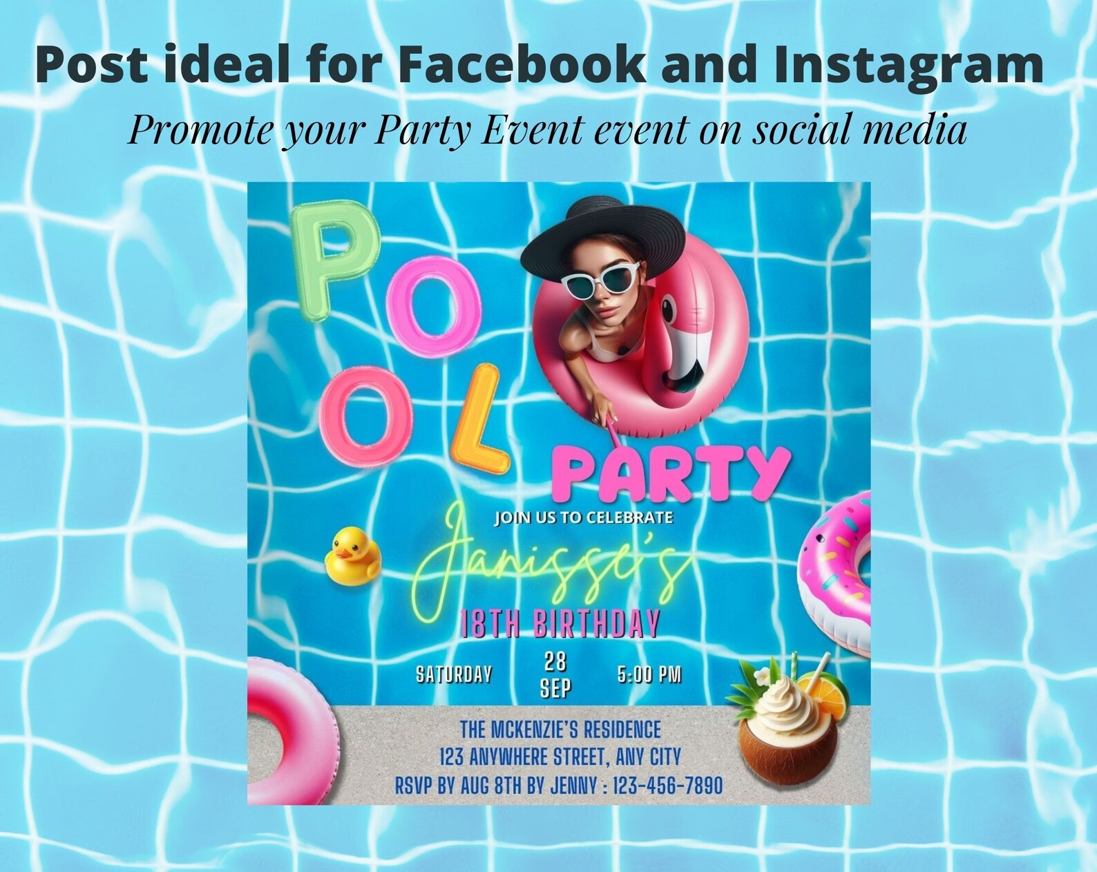 Beauty Pool Party Flyer, Social Medias Pool Party, Editable Summer Pool ...