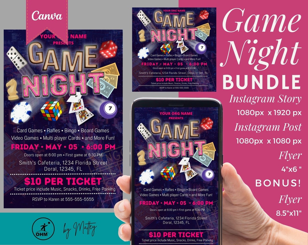 Game Night Template Flyer, Canva Template, Community Event, Charity ...