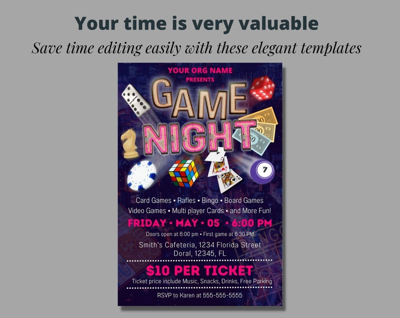 Game Night Template Flyer, Canva Template, Community Event, Charity ...