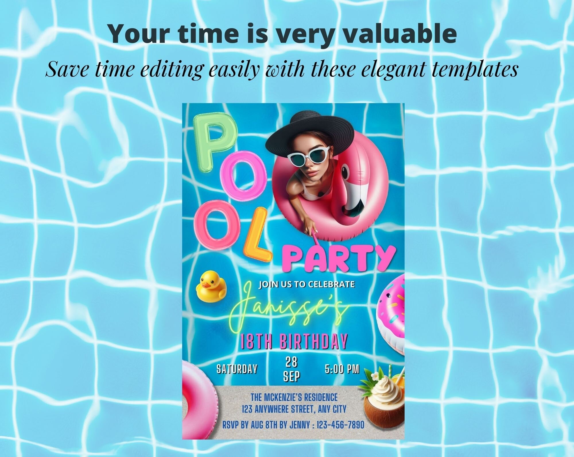 Beauty Pool Party Flyer, Social Medias Pool Party, Editable Summer Pool ...