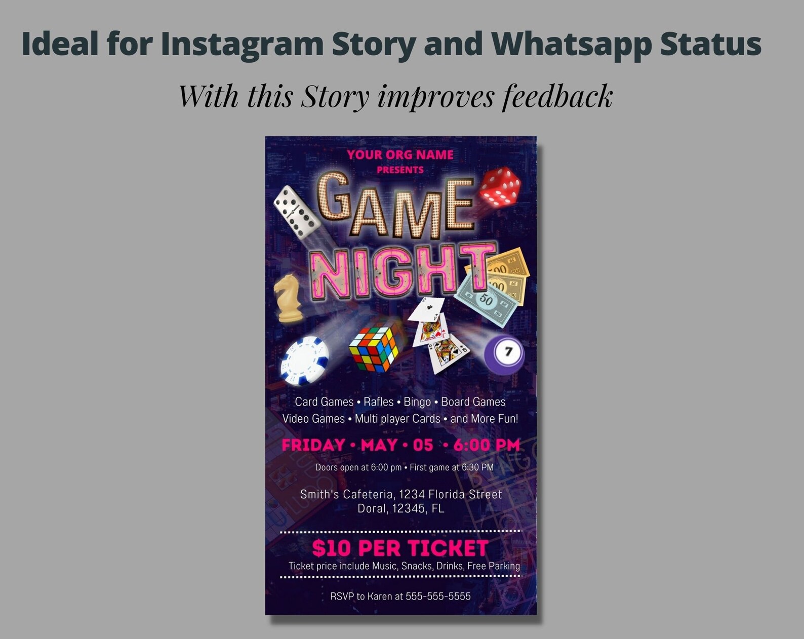Game Night Template Flyer, Canva Template, Community Event, Charity ...