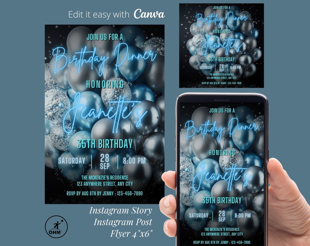 Birthday Dinner Flyer Templates, Digital Birthday Invite, Cocktail ...