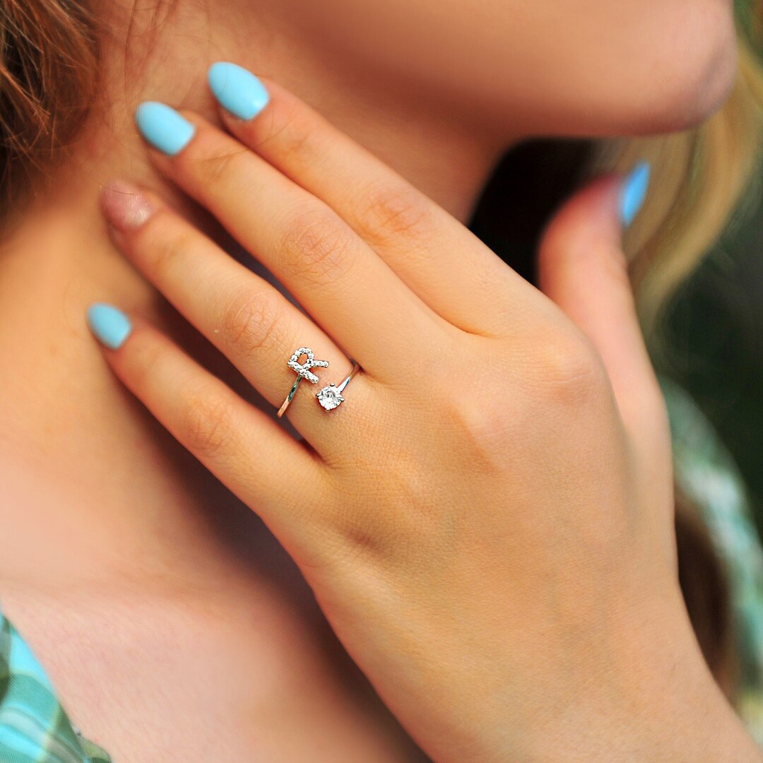 CZ Sterling Silver Initial Ring Letter R Ring - Etsy