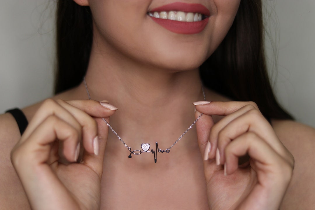 CZ Heartbeat Necklace, Custom Heartbeat Jewelry, Dainty Charm Necklace ...