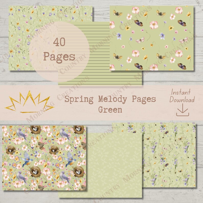 Spring Melody Green Pages, Background Pages, Journal Pages, Birds ...