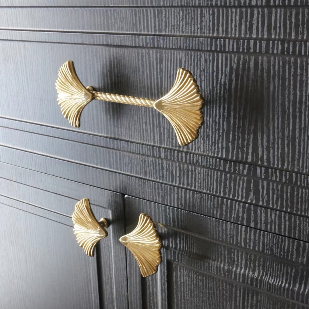 Hammered Brass Cabinet Pulls, Modern Wardrobe Pulls, Ginkgo Leaf Doorknobs, Solid Brass Knobs ...