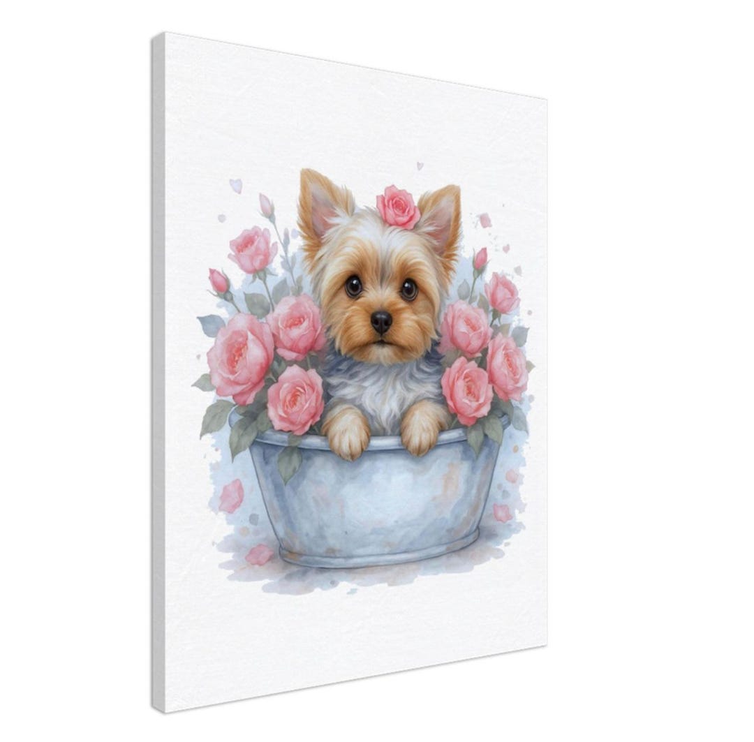 Yorkie in Garden Tub Canvas: Pink Roses, Wooden Frame Canavs - Etsy