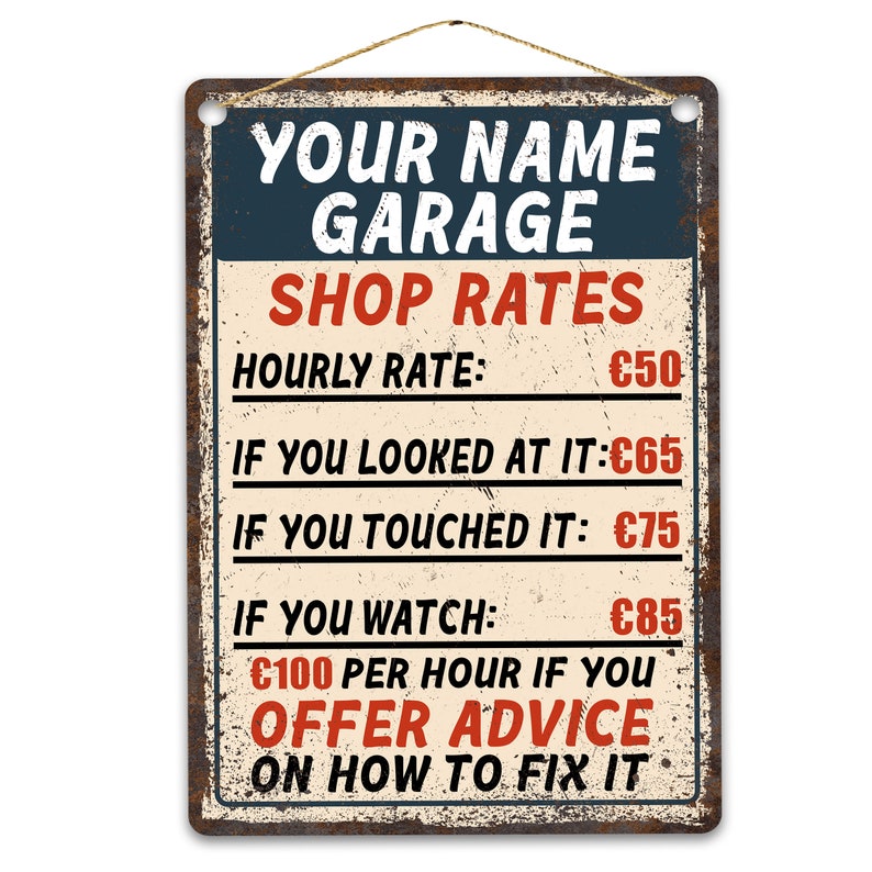 Personalised Vintage Name Garage Hourly Rates Metal Sign - Etsy