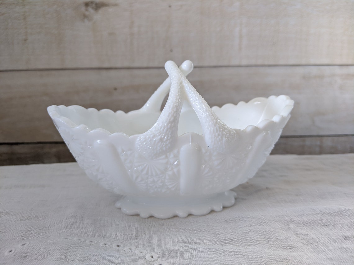 Fenton White Milk Glass Basket Trinket Dish Split Twig Handle | Etsy