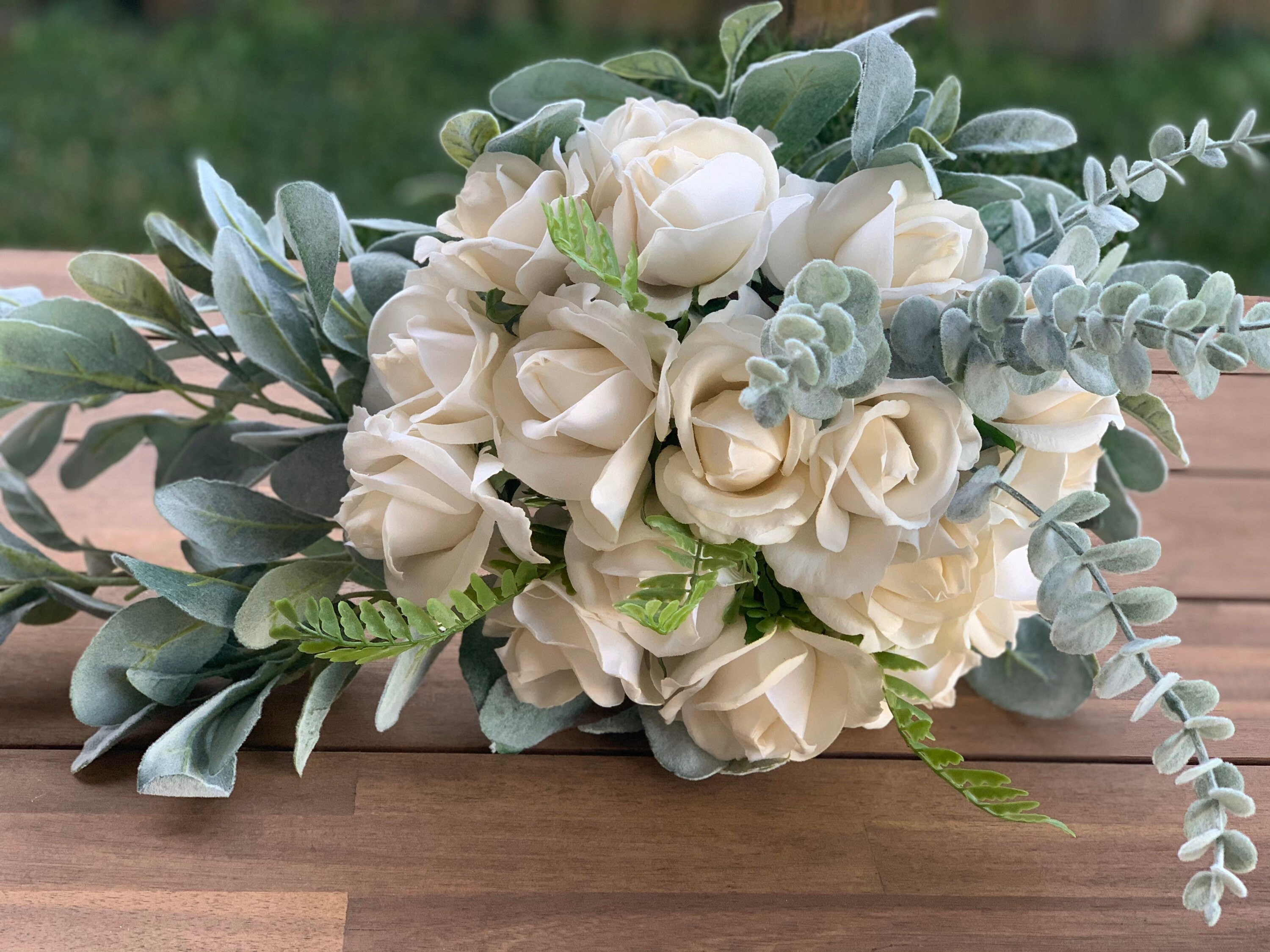 Cascading True Touch Ivory Roses Bouquet Bride Bouquet Boho - Etsy