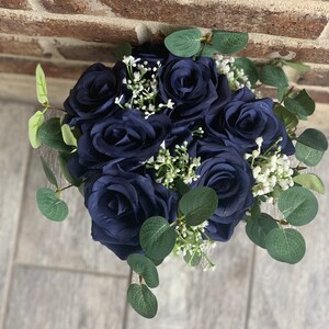 Navy Blue Roses and Greenery Bouquet Bride Navy Blue Bouquet Navy Blue ...