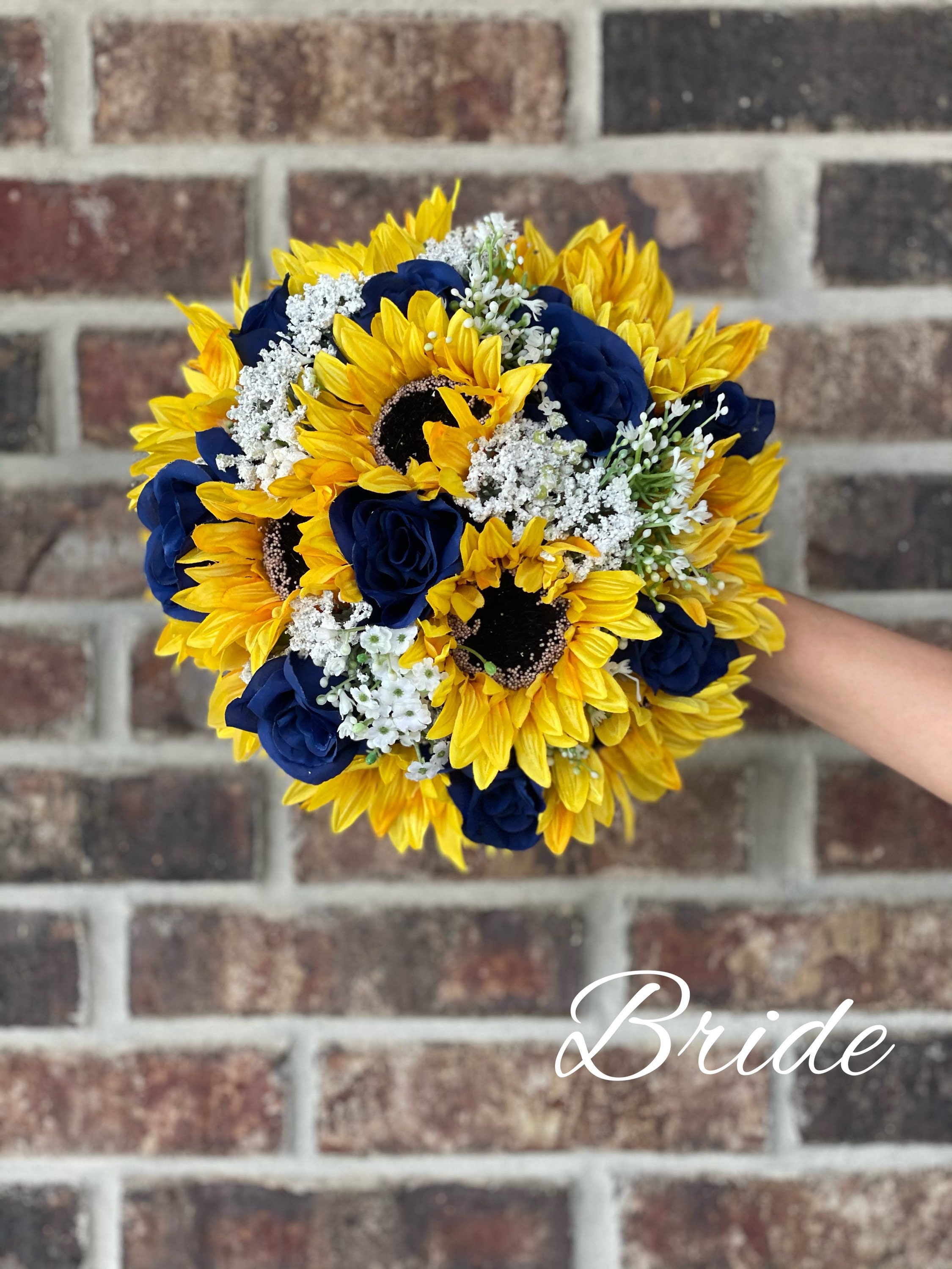 Sunflowers Blue Roses and Babys Breath Bouquet Twine Handle | Etsy