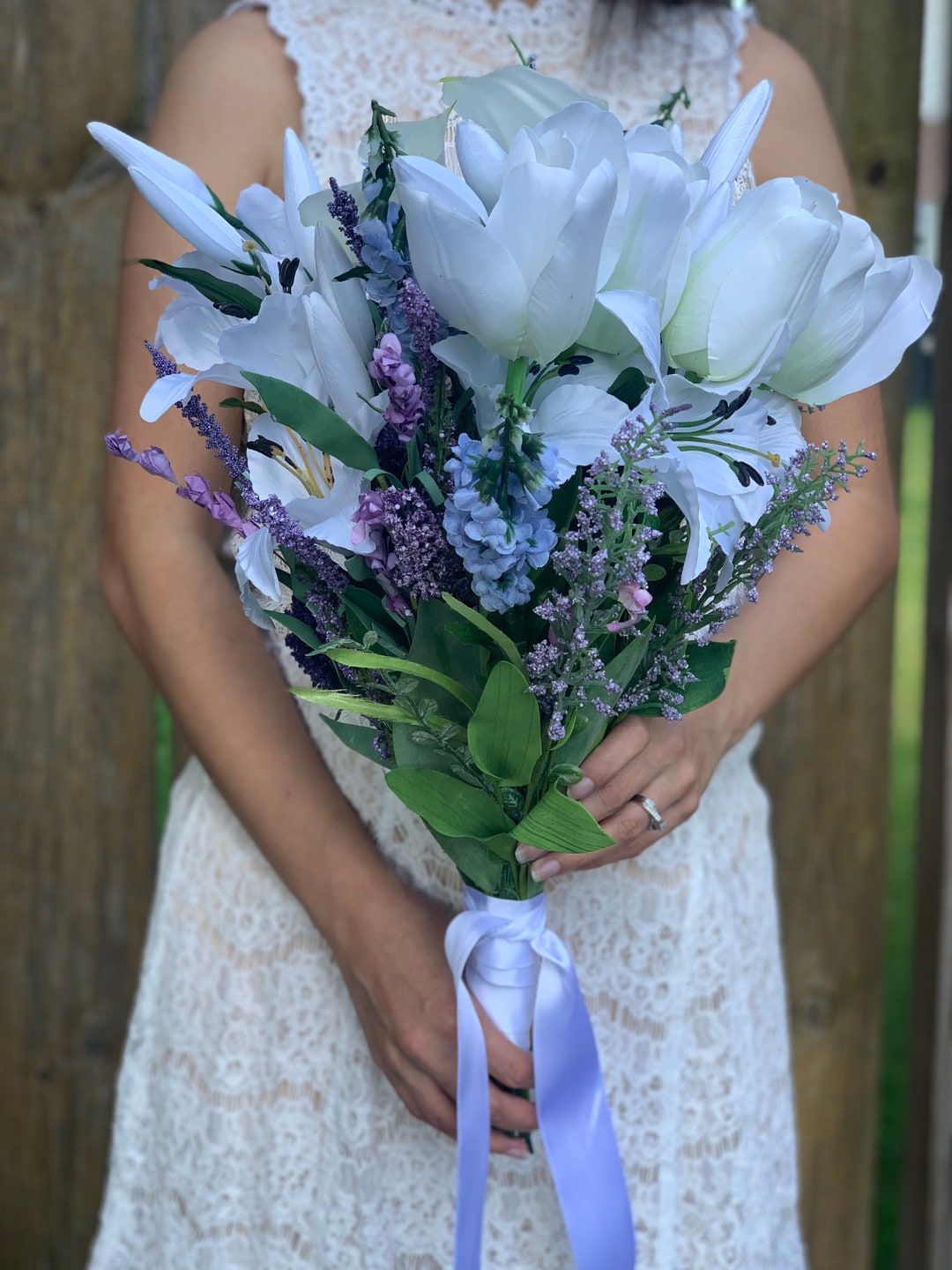 Tulips, Calla, Greenery, Accent Purple and Blue Flowers. Summer Wedding ...