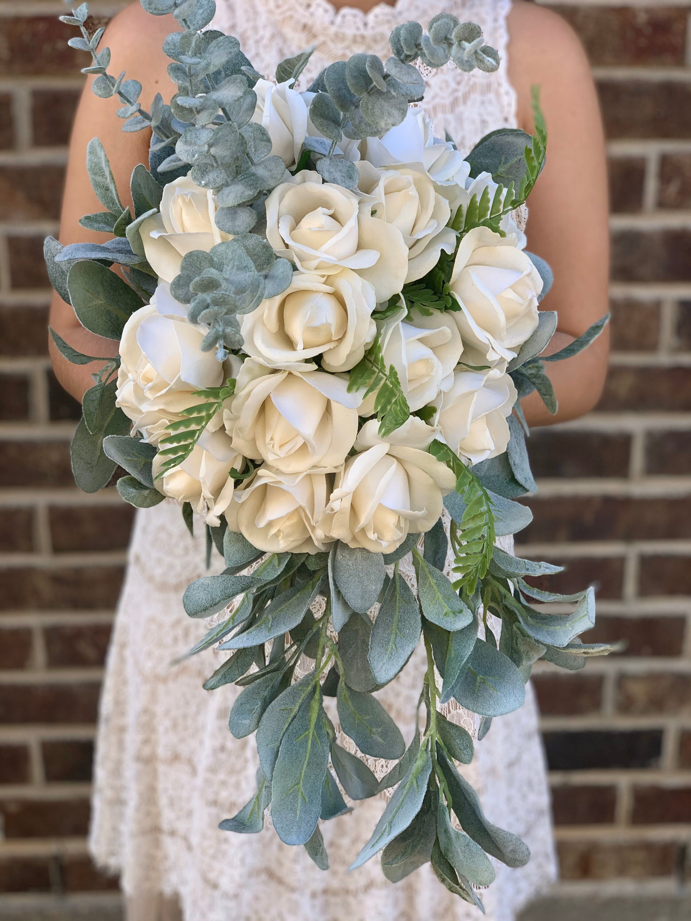 Cascading True Touch Ivory Roses Bouquet Bride Bouquet Boho - Etsy