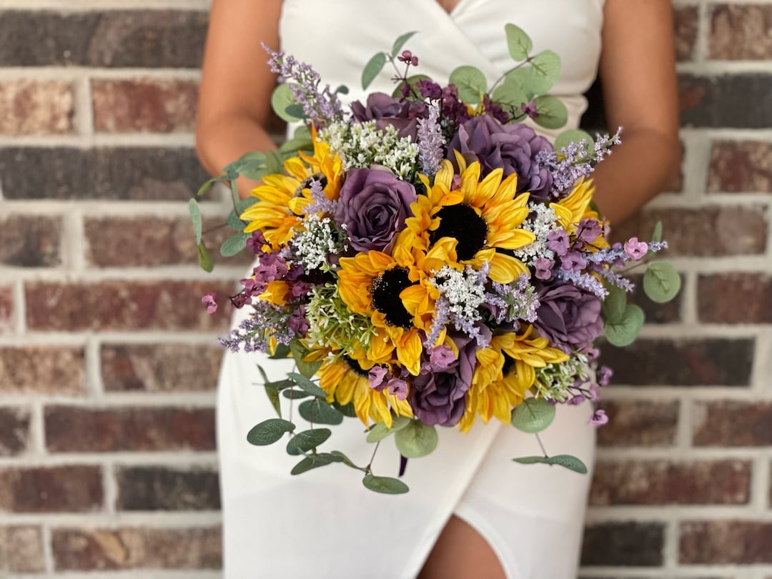 Purple Roses and Sunflower Bouquet Purple Wedding Purple Sunflower ...