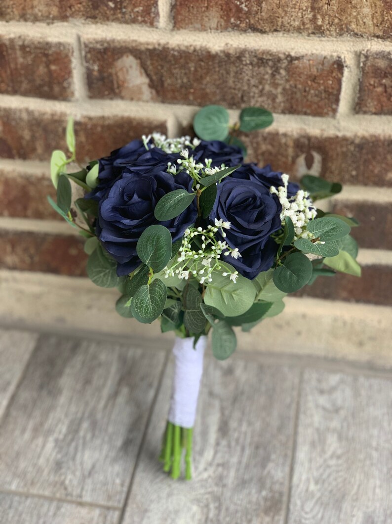 Navy Blue Roses and Greenery Bouquet Bride Navy Blue Bouquet | Etsy