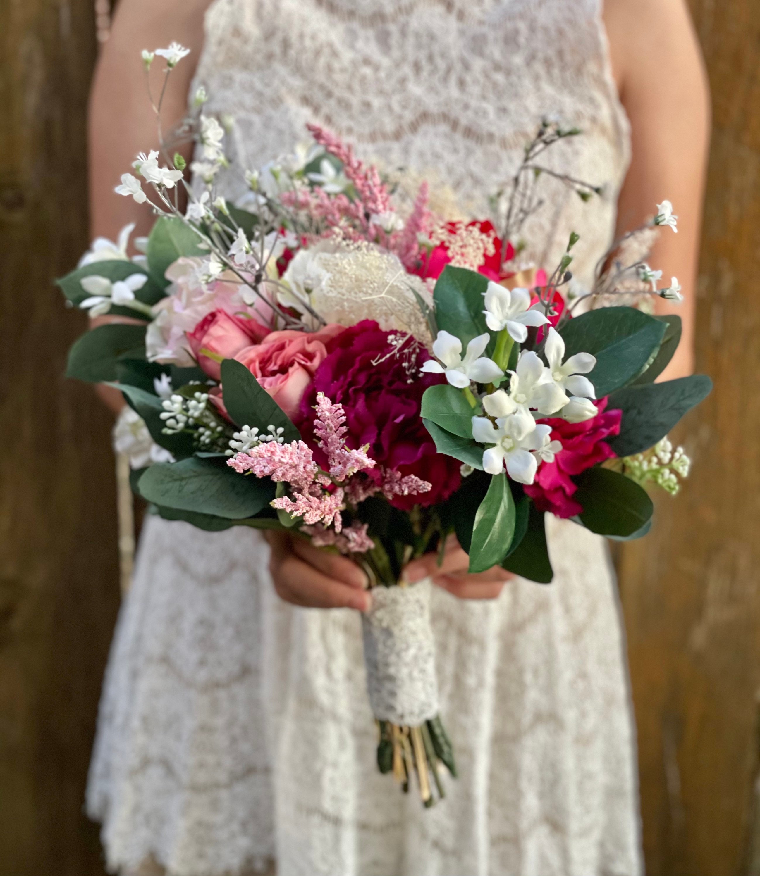 Hot pink boho bouquet Pink bouquets Boho style bouquets Messy | Etsy