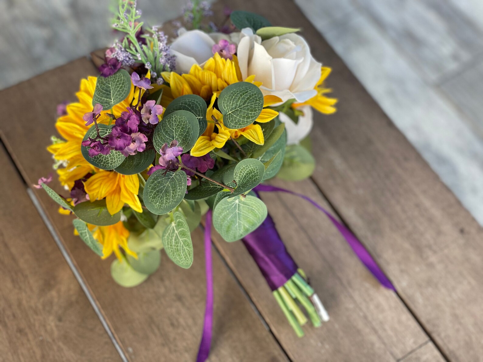 Purple and sunflower bouquet Purple wedding Purple Sunflowers | Etsy