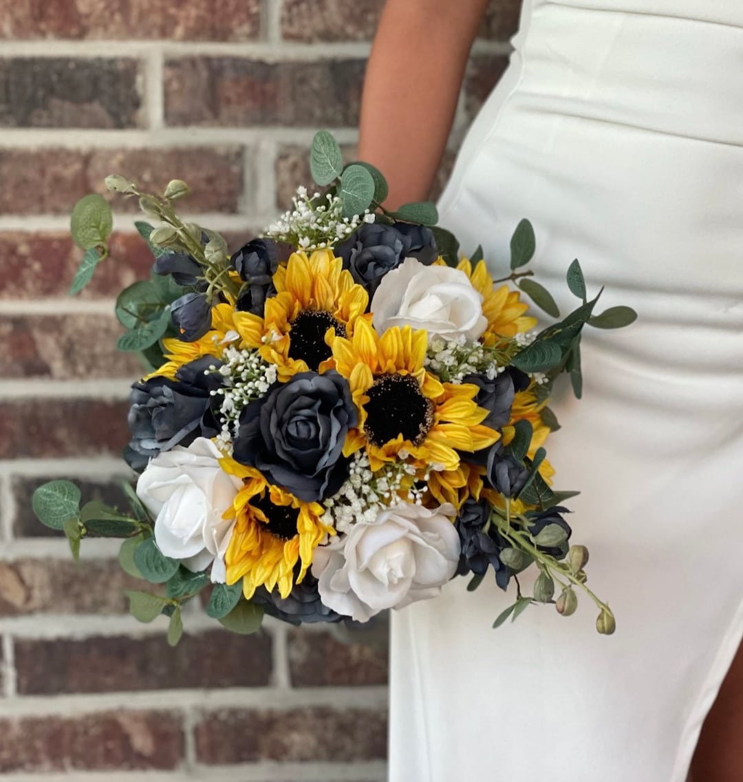 Dusty Blue Roses and Sunflower Bouquet Dusty Blue Wedding Blue Roses ...