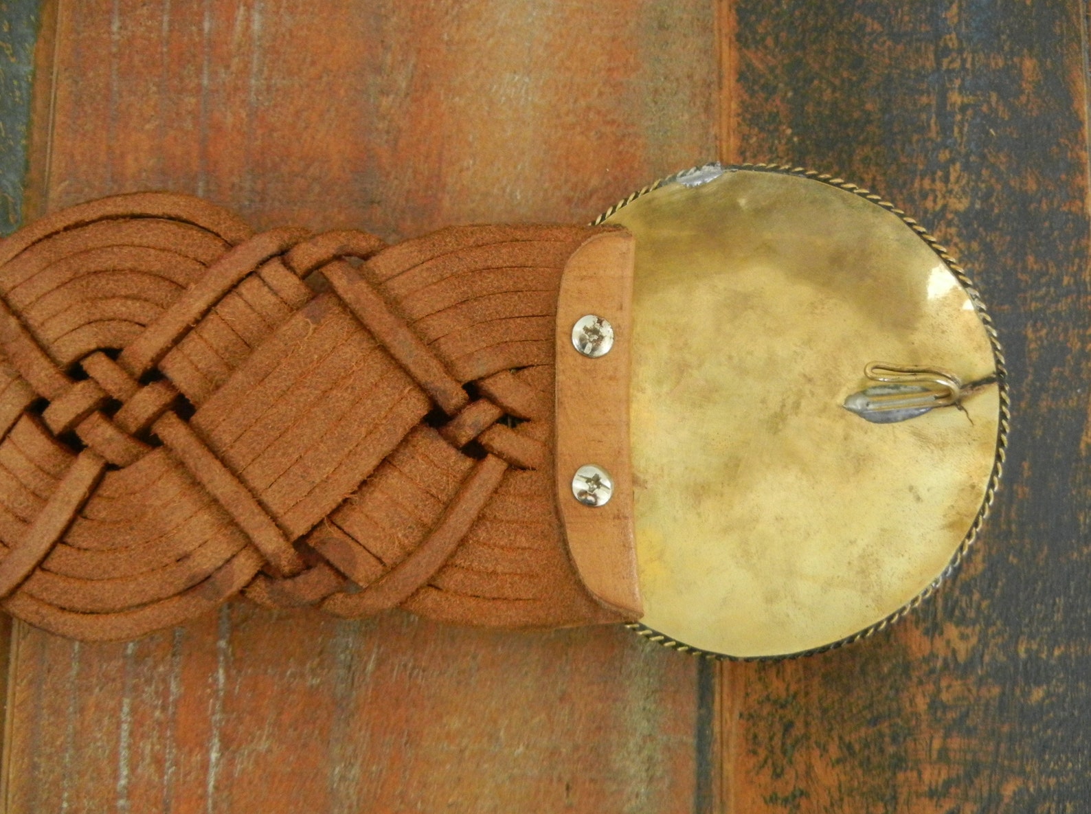 Hand Braided Leather Belt Round Metal Buckle With Horn Inlay - Etsy