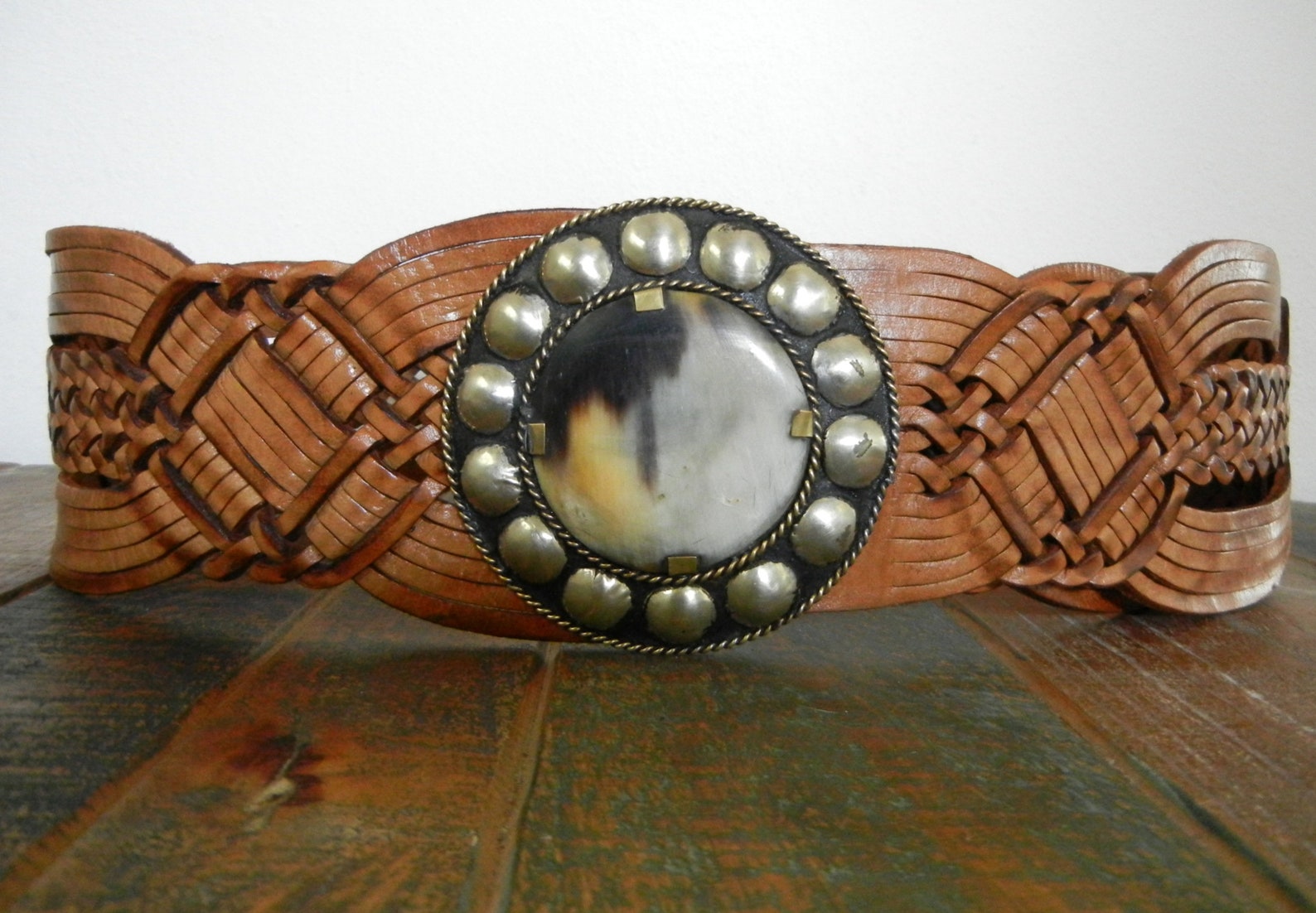 Hand Braided Leather Belt Round Metal Buckle With Horn Inlay - Etsy