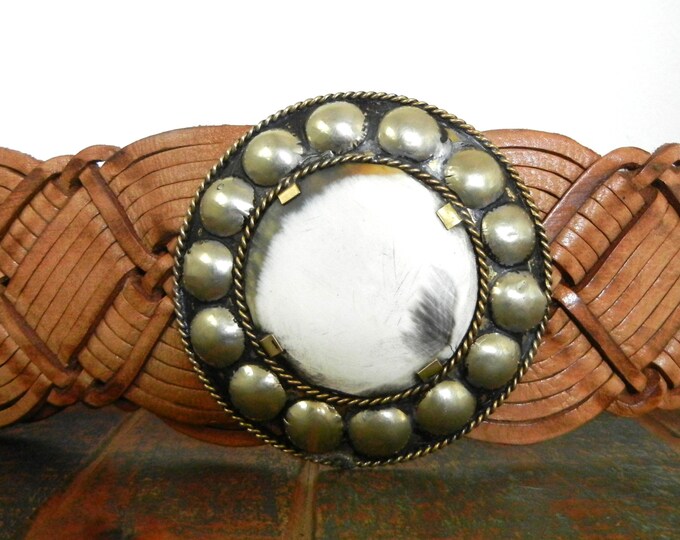 Hand Braided Leather Belt - Round Metal Buckle With Horn Inlay - Etsy
