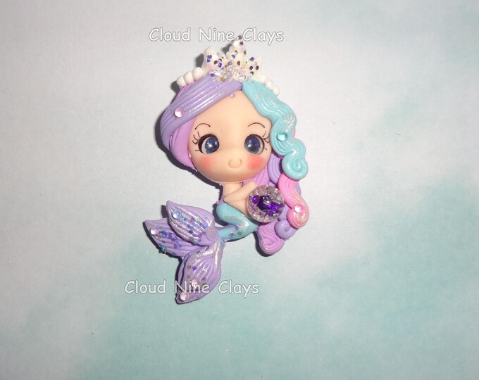 Pastel Tiara Glitter Mermaid Holding Bead Clay Doll Bow Center Jewelry ...