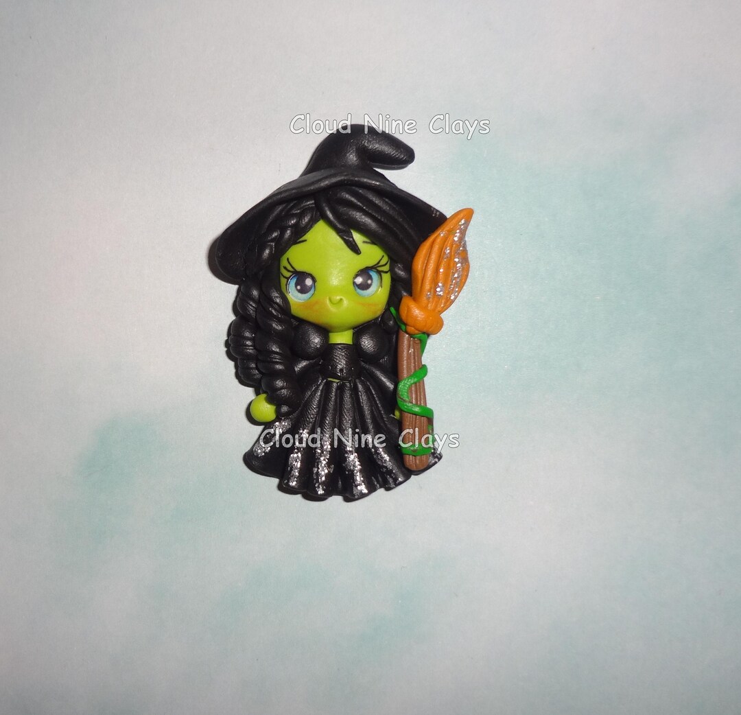 Wicked Scary Witch Green Face Elfie Broom Clay Doll Flat Back Bow ...