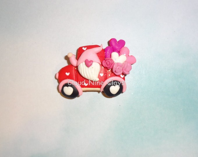 Valentines Day Gnome Car Pink Hearts Clay Flat Back Bow Center Lanyards ...