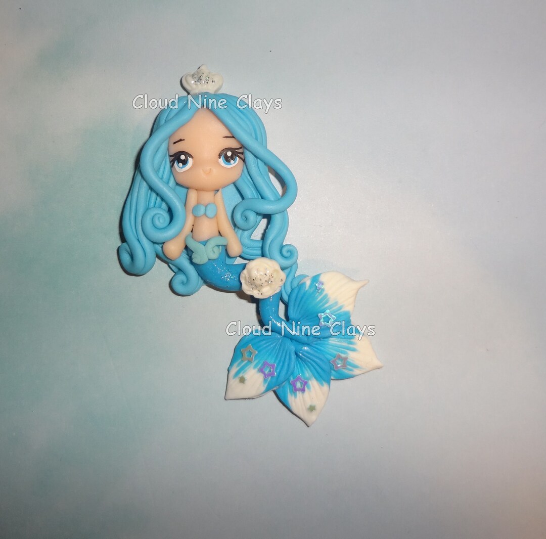 Icy Blue Mermaid Shell Clay Doll Bow Center Jewelry Cards Flat Back ...