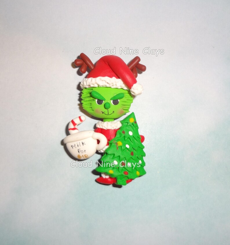 Mean Green Christmas Guy With Tree Milk for Me Mug Clay Doll Flat Back ...