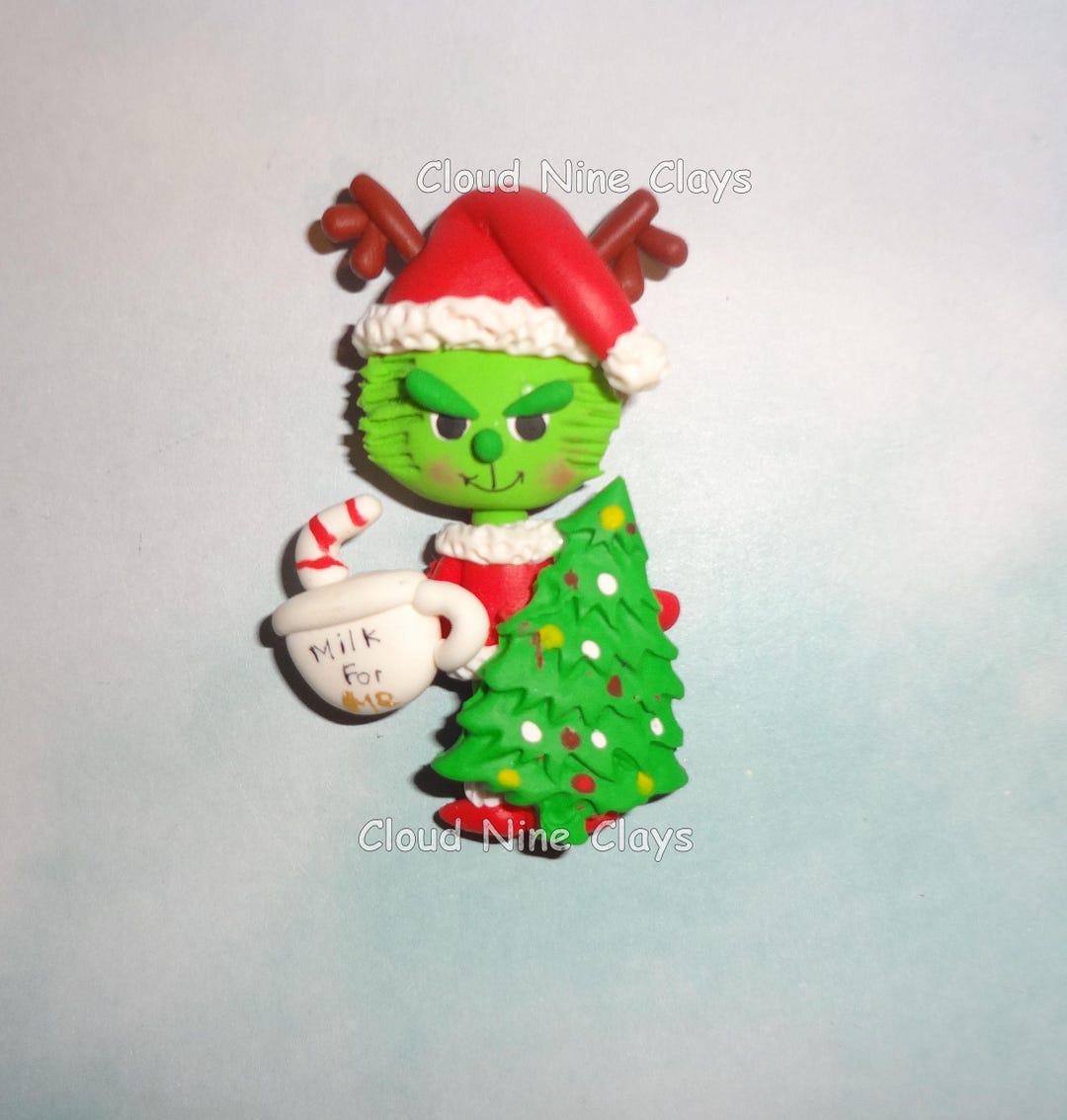 Mean Green Christmas Guy With Tree Milk for Me Mug Clay Doll Flat Back ...