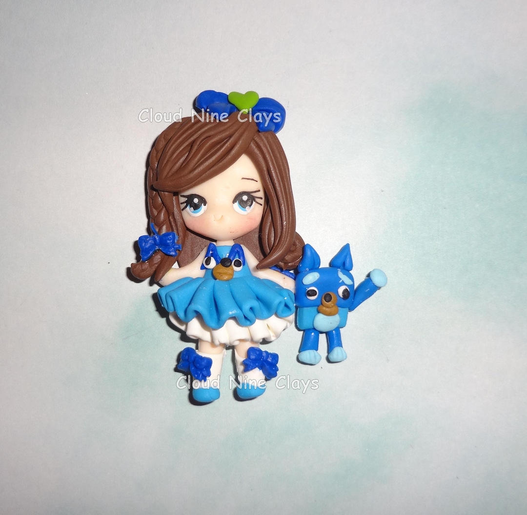 Brown Hair Girl With Blue Dress and Blue Dog Day Clay Doll Flat Back ...