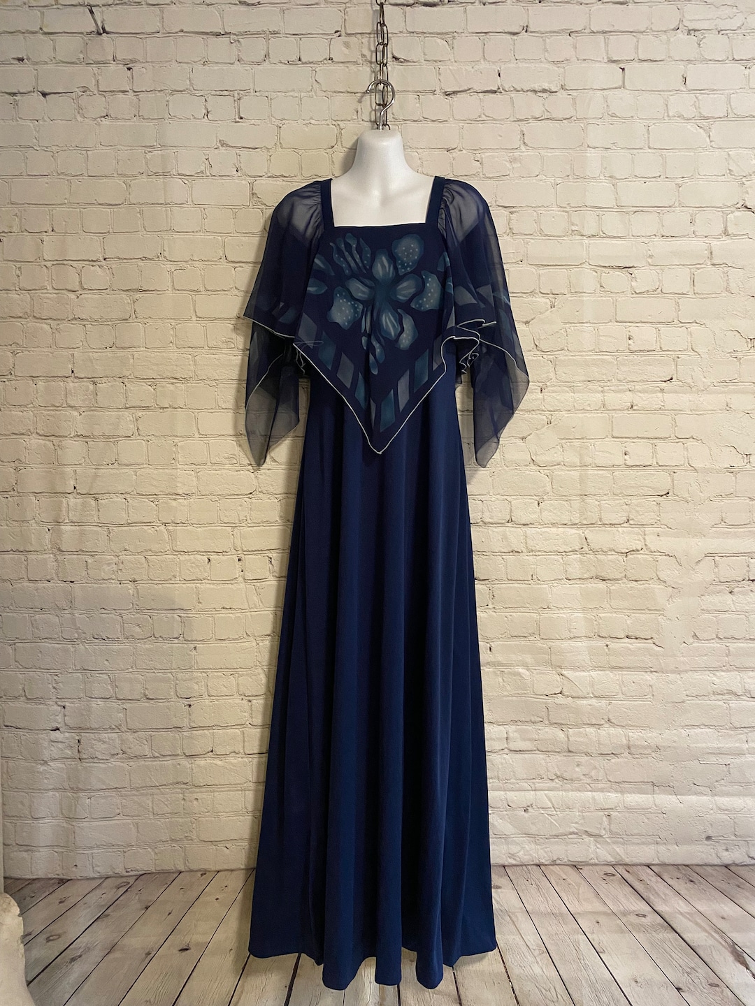Vintage 70's/80's Caplet Blue Abstract Floral Sleeveless Resort Maxi ...