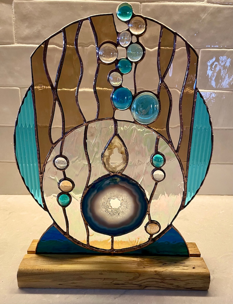 Agate Stained Glass Panel With Wooden Stand - Etsy