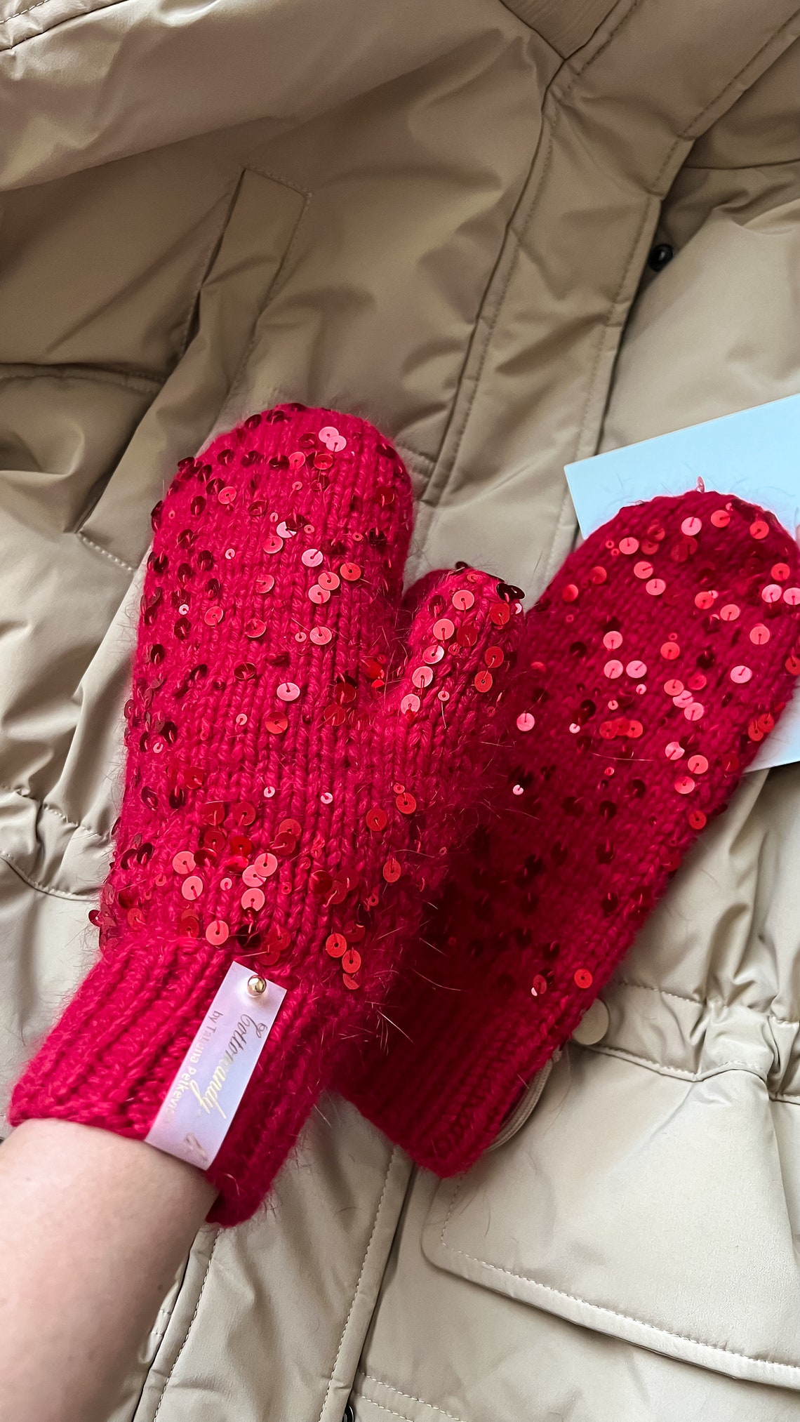 Red Sequin Angora Mittens – Handmade Wool Knit Gloves, Sparkly Winter ...