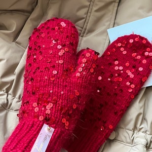 Red Sequin Angora Mittens – Handmade Wool Knit Gloves, Sparkly Winter ...