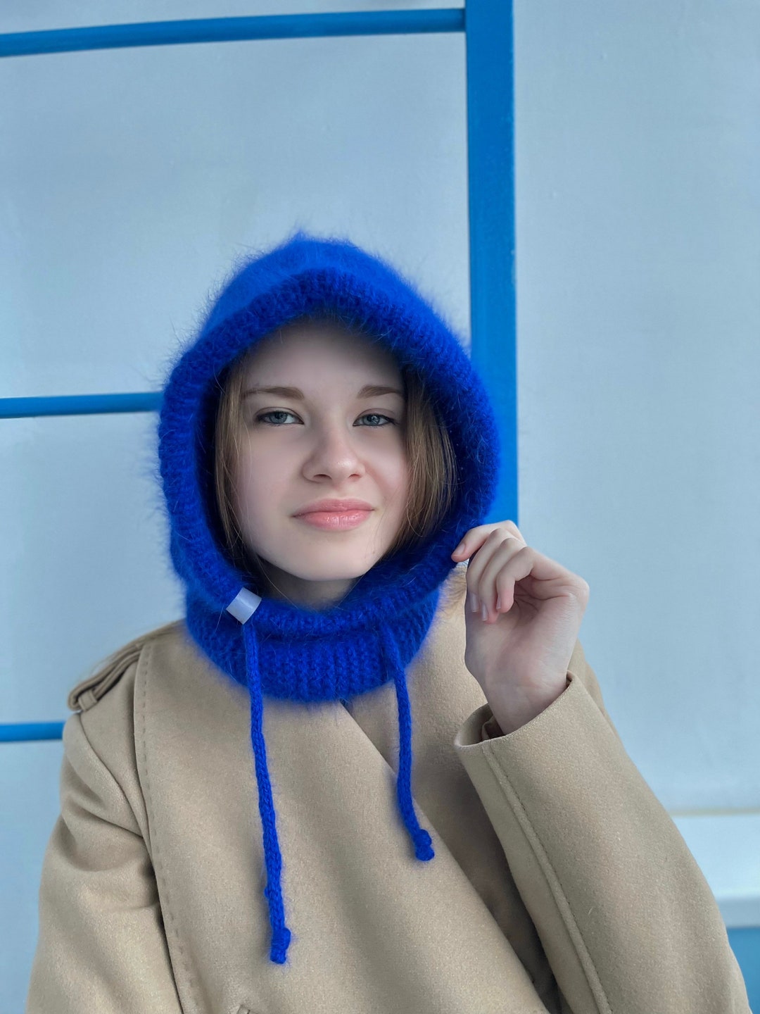 Blue Angora Balaclava – Knitted Wool Hood, Fluffy Winter Hat, Soft ...