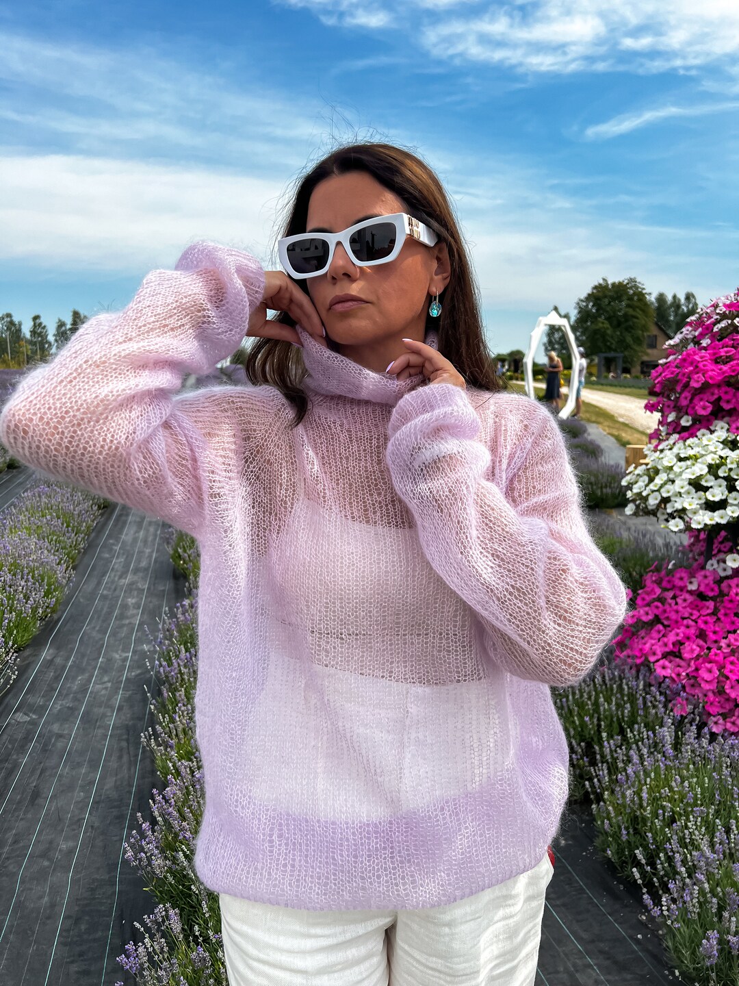 Lavender Mohair Turtleneck Sweater – Hand Knitted Sheer Silk Blend ...