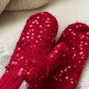 Red Sequin Angora Mittens – Handmade Wool Knit Gloves, Sparkly Winter ...