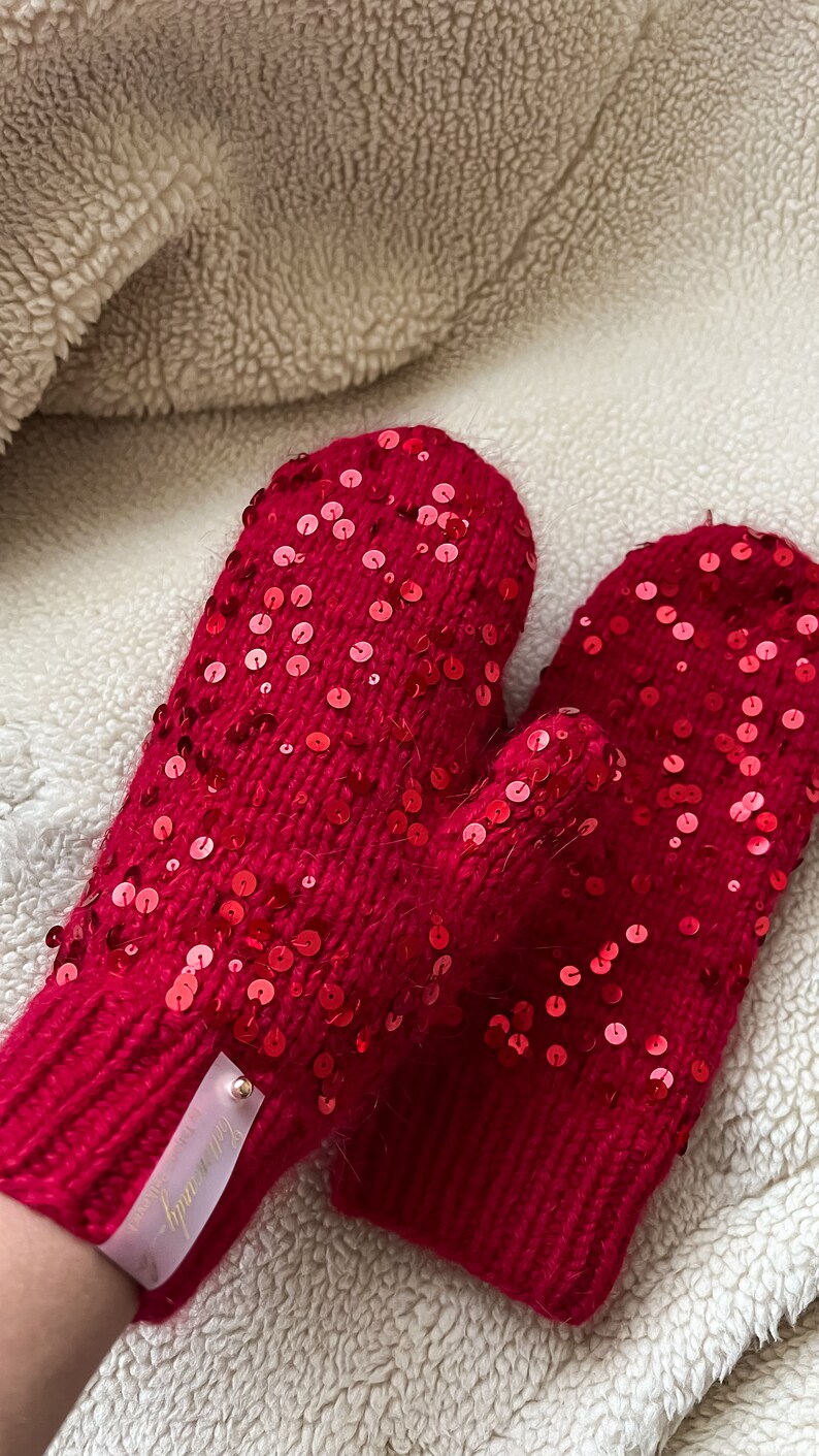Red Sequin Angora Mittens – Handmade Wool Knit Gloves, Sparkly Winter ...