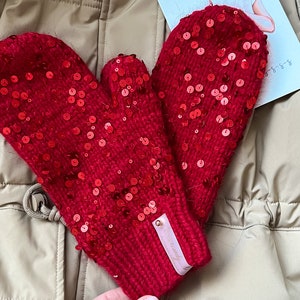 Red Sequin Angora Mittens – Handmade Wool Knit Gloves, Sparkly Winter ...