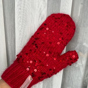 Red Sequin Angora Mittens – Handmade Wool Knit Gloves, Sparkly Winter ...