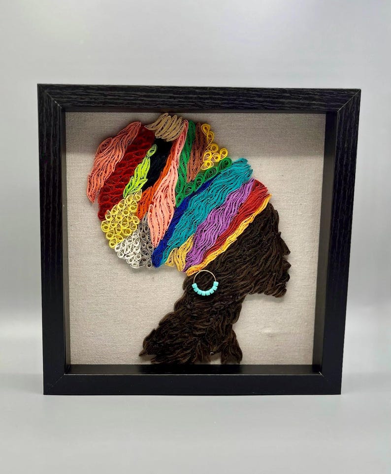African Woman With Headscarf Quilled Paper Wall Art - Framed Shadow Box ...