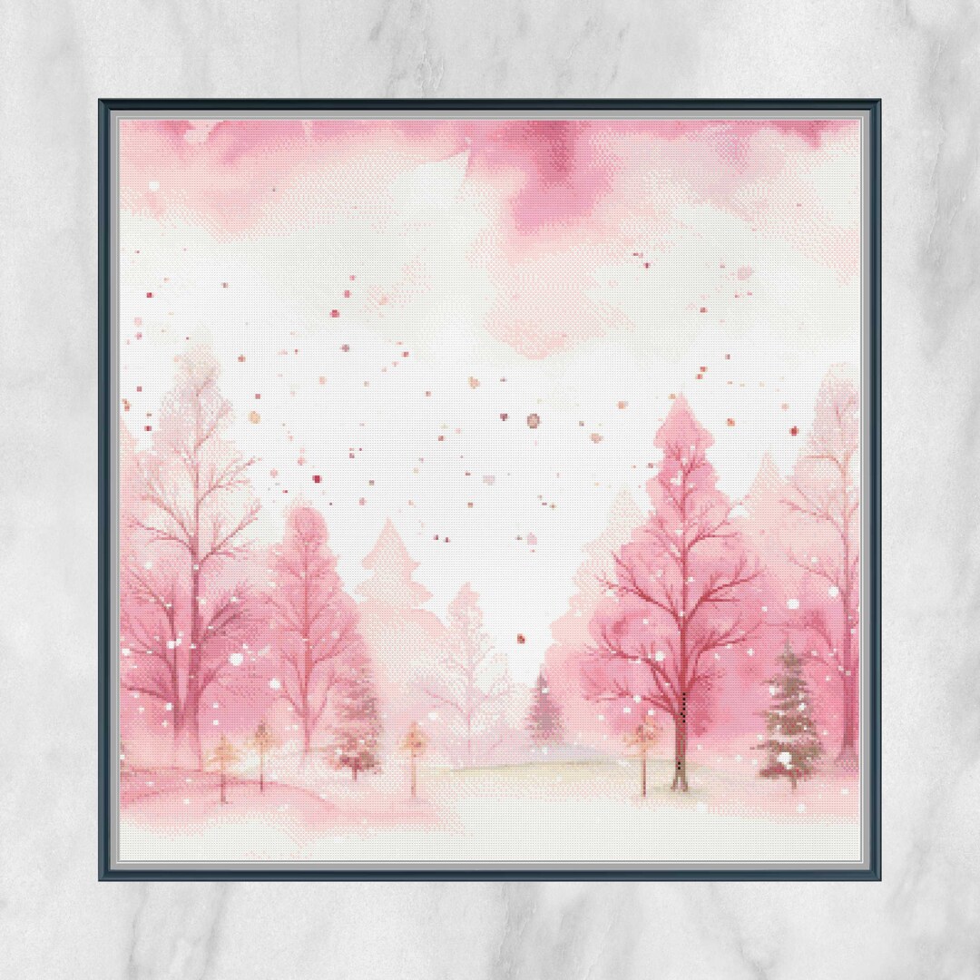 Pink Winter Scene Cross Stitch Pattern - Watercolor Snowy Counted Cross ...