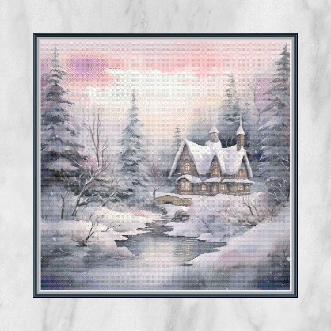 Winter Cottage Scene Cross Stitch Pattern - Watercolor Snowy Counted ...