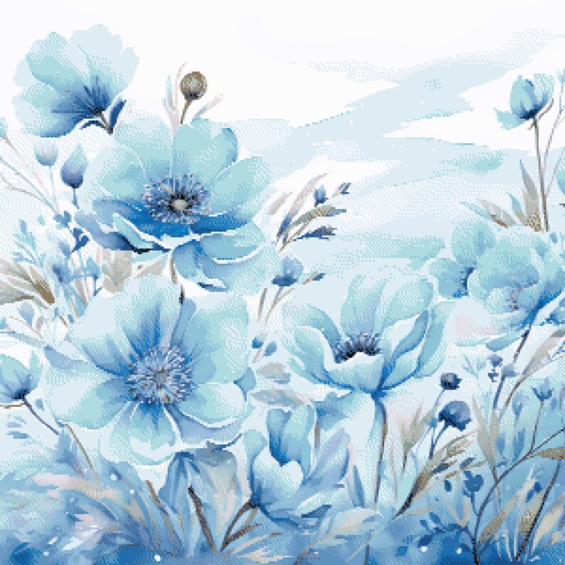 Blue Flower Patch Cross Stitch Pattern - Watercolor Blossom Counted ...