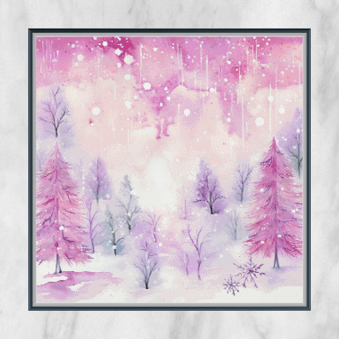 Purple Winter Scene Cross Stitch Pattern - Watercolor Snowy Counted ...