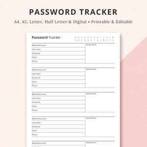 Editable Password Tracker, Online Account Tracker, Password Log ...
